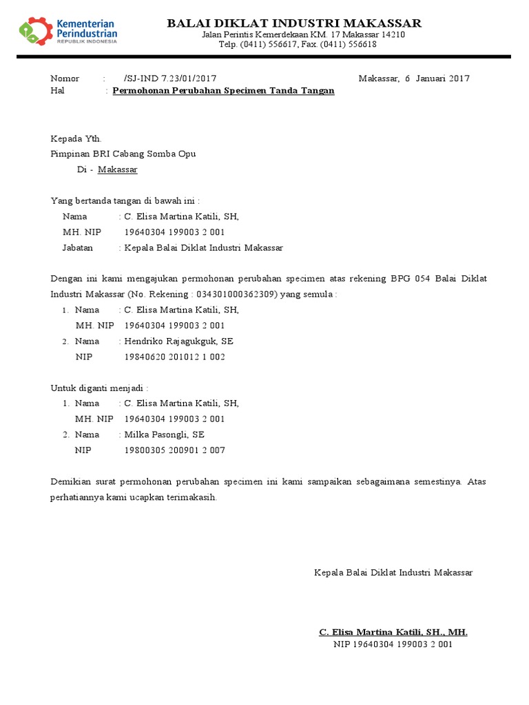 Permohonan Perubahan Specimen Bank | PDF