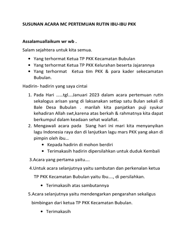 Susunan Acara MC Pertemuan Rutin Ibu-Ibu PKK Assalamuallaikum WR WB | PDF