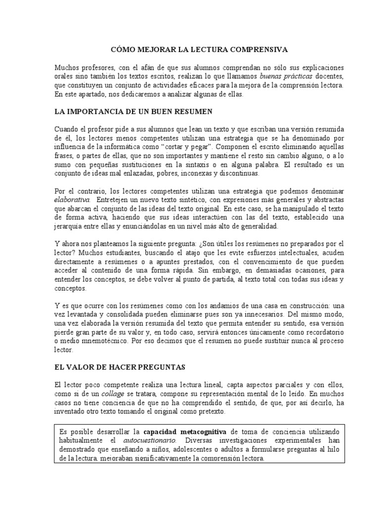 Como Mejorar La Lectura Comprensiva | PDF | Lectura (proceso ...