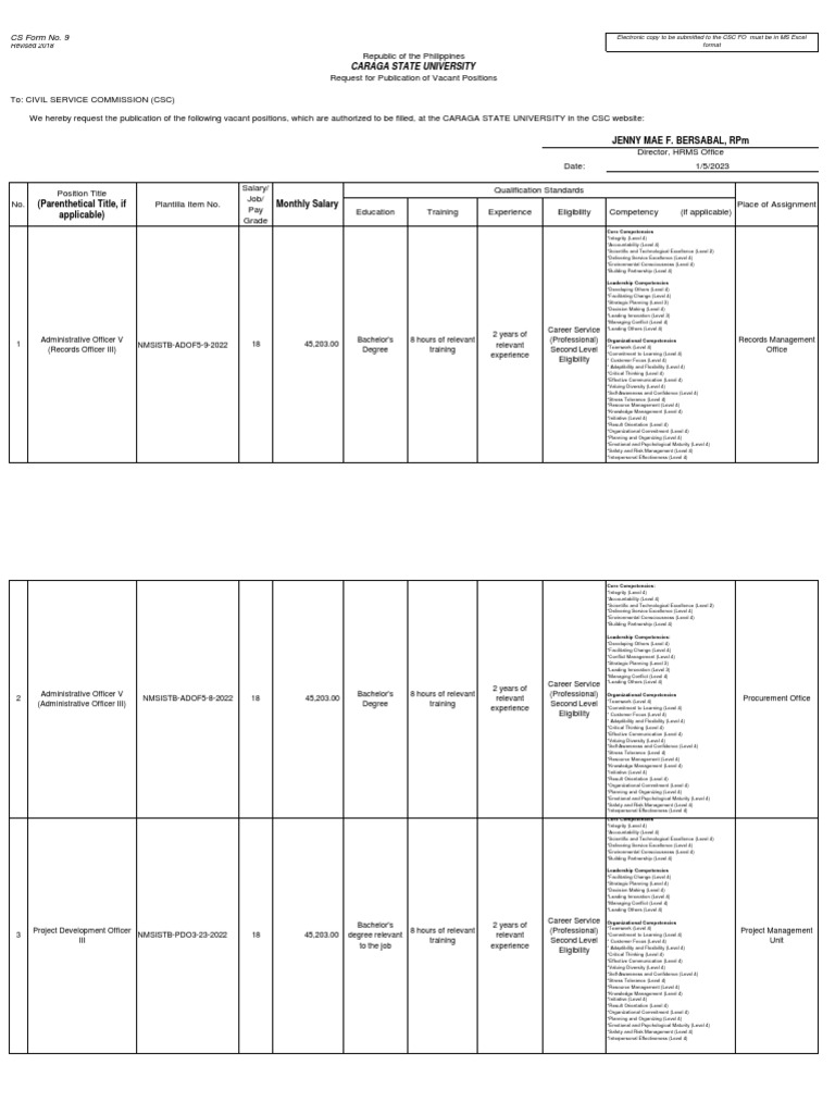 CS Form No. 9 Request For Publication of Vacant Positions ROSSS ...