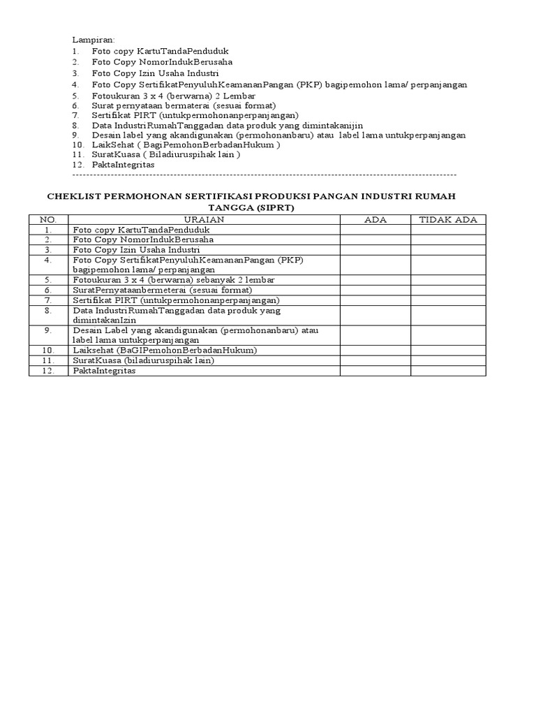 Permohonan Sertifikasi PIRT dan SPP-IRT | PDF