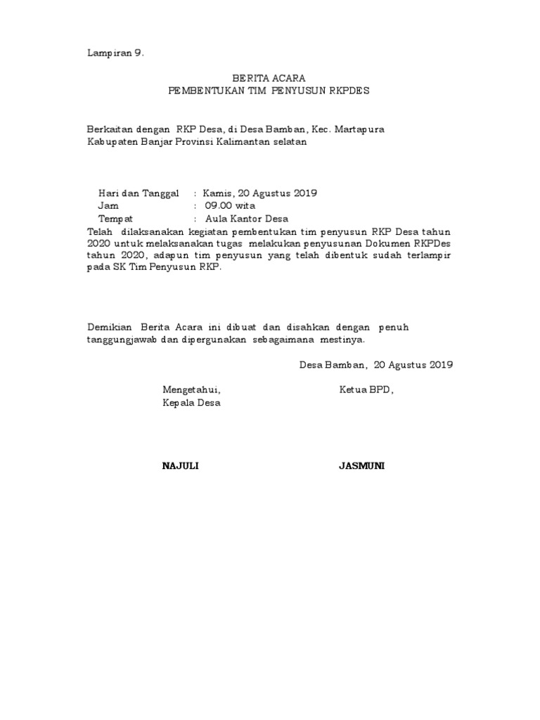 Berita Acara Pembentukan Tim Penyusun RKP Desa | PDF