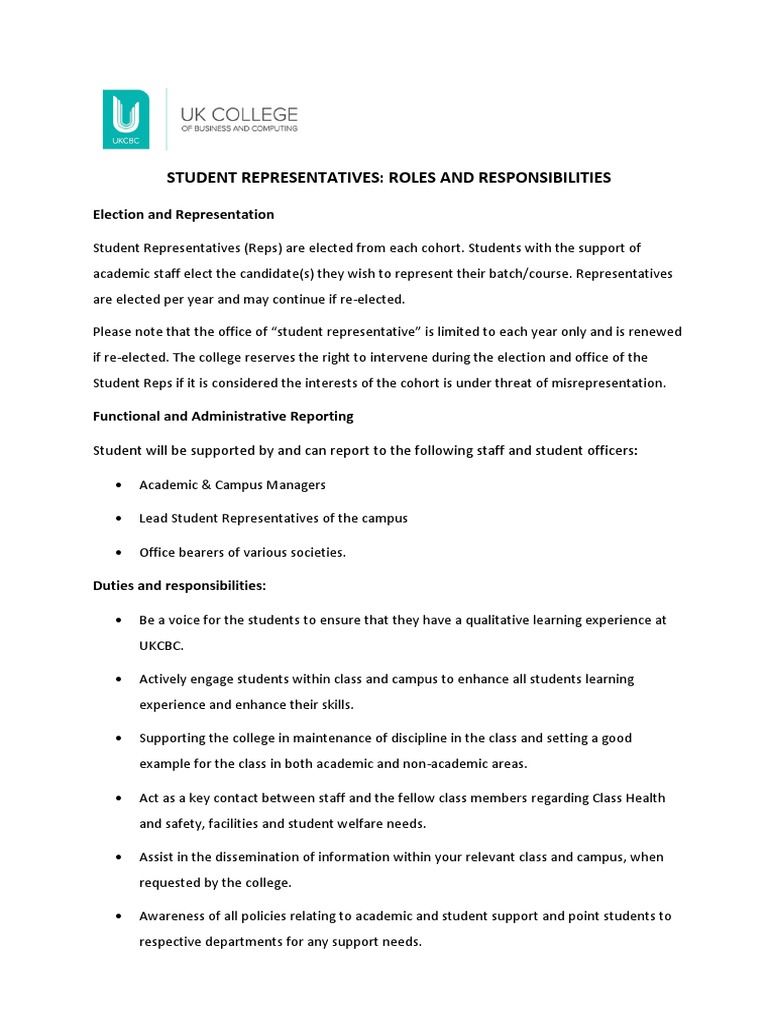 Student Representatives Roles and Responsibilities | PDF | Learning ...