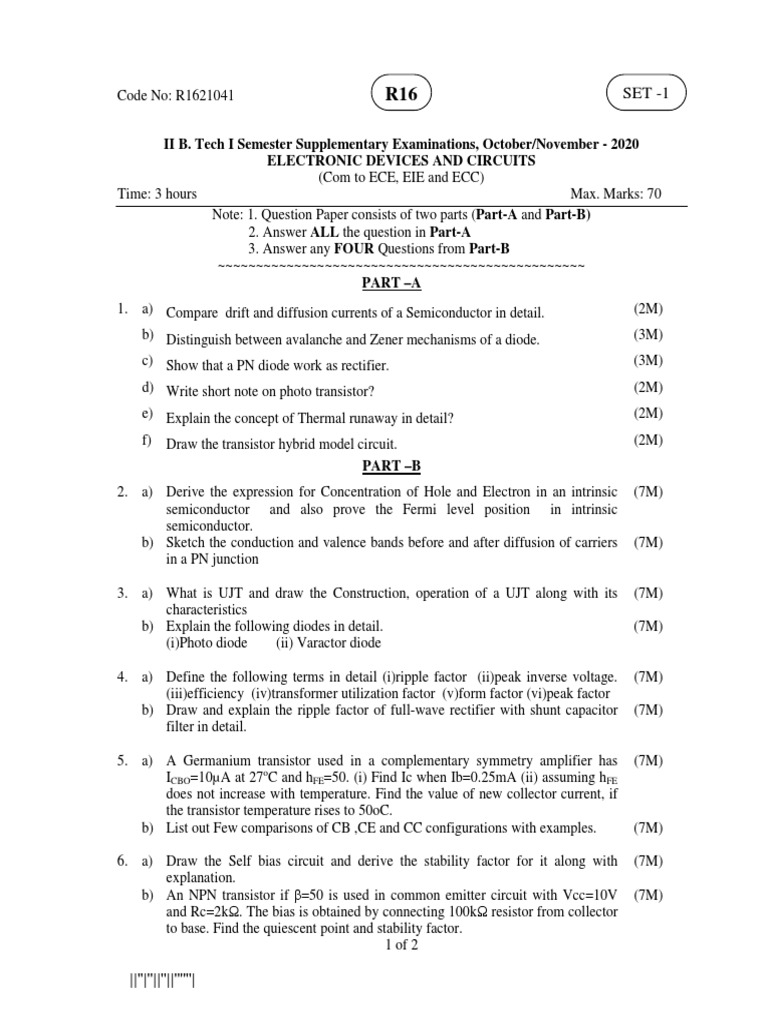 Electronic Devices & Circuits Exam 2020 | PDF | Diode | Bipolar Junction Transistor