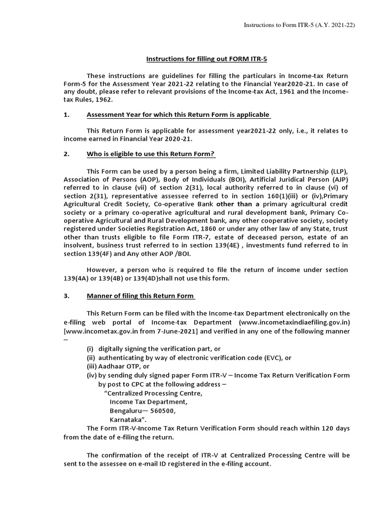 ITR-5 Form Instructions A.Y. 2021-22 | PDF | Tax Deduction | Limited ...