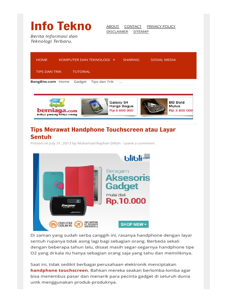 Tips Merawat Handphone Touchscreen Atau Layar | PDF