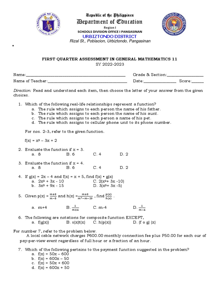 General Mathematics 11 1st Quarter Assessment SY 2022 2023 | Download Free PDF | Logarithm ...