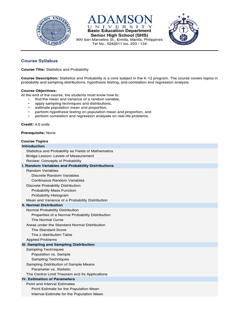 Statistics & Probability Syllabus | PDF | Normal Distribution ...