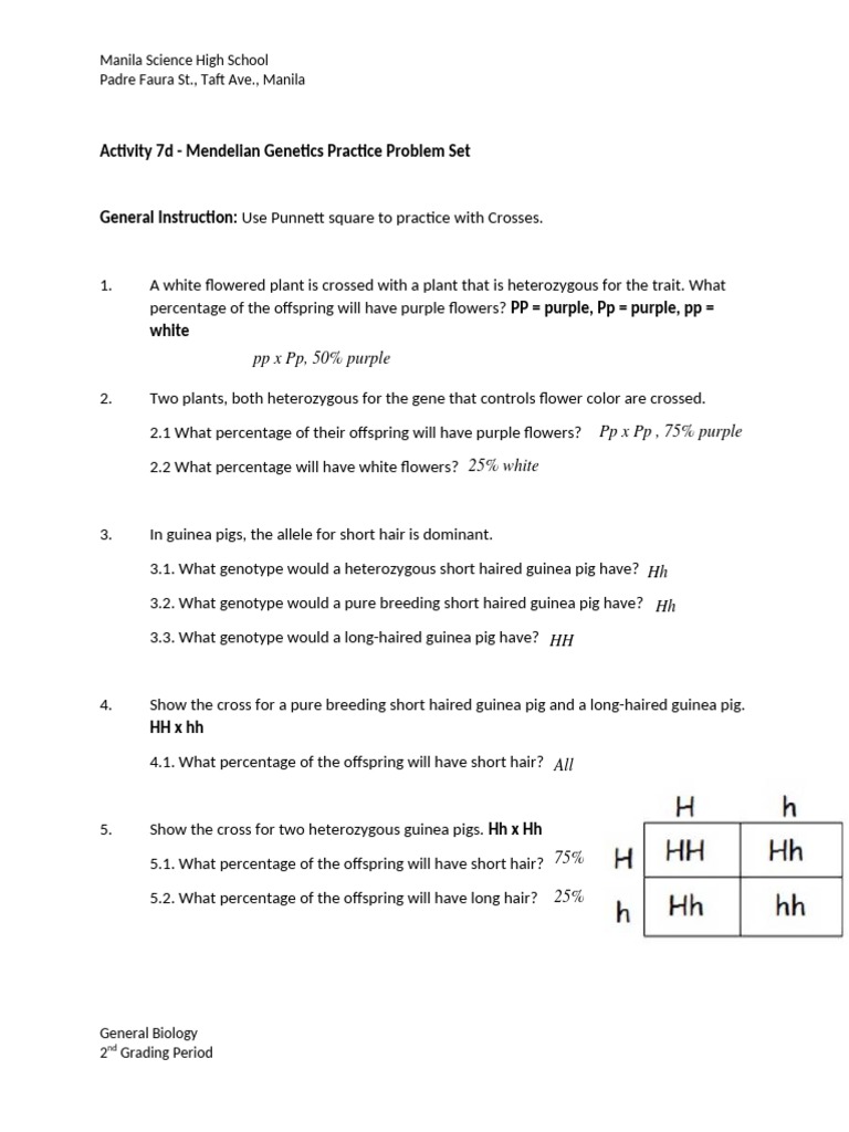 Activity 7d Mendelian Genetics Practice Problem Set Pdf