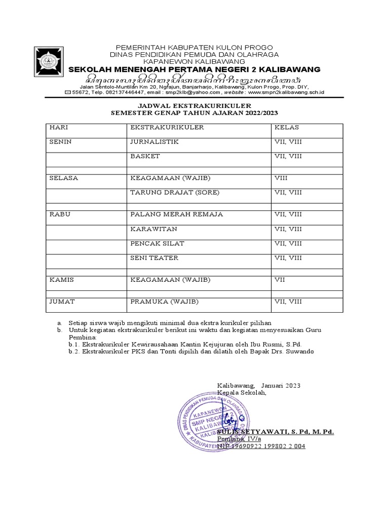 Jadwal Ekstrakurikuler SMPN 2 Kalibawang | PDF