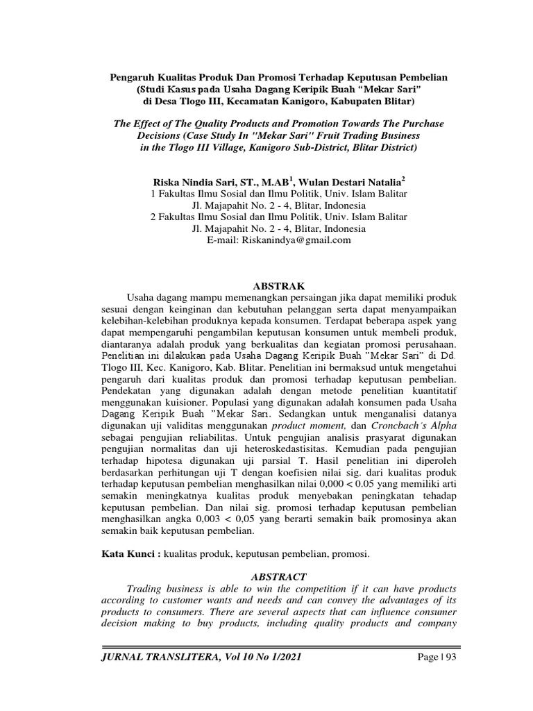 Pengaruh Kualitas Produk Dan Promosi Terhadap Keputusan Pembelian (Studi Kasus Pada Usaha Dagang ...