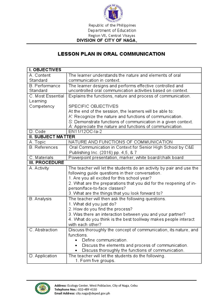 Week 1 Lesson Plan | PDF | Lesson Plan | Communication