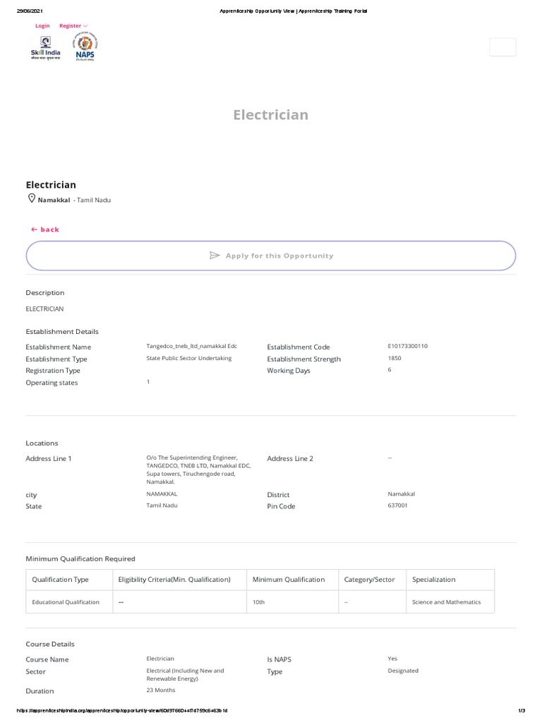 TANGEDCO TNEB LTD NAMAKKAL-EDC-electrician | PDF | Apprenticeship ...