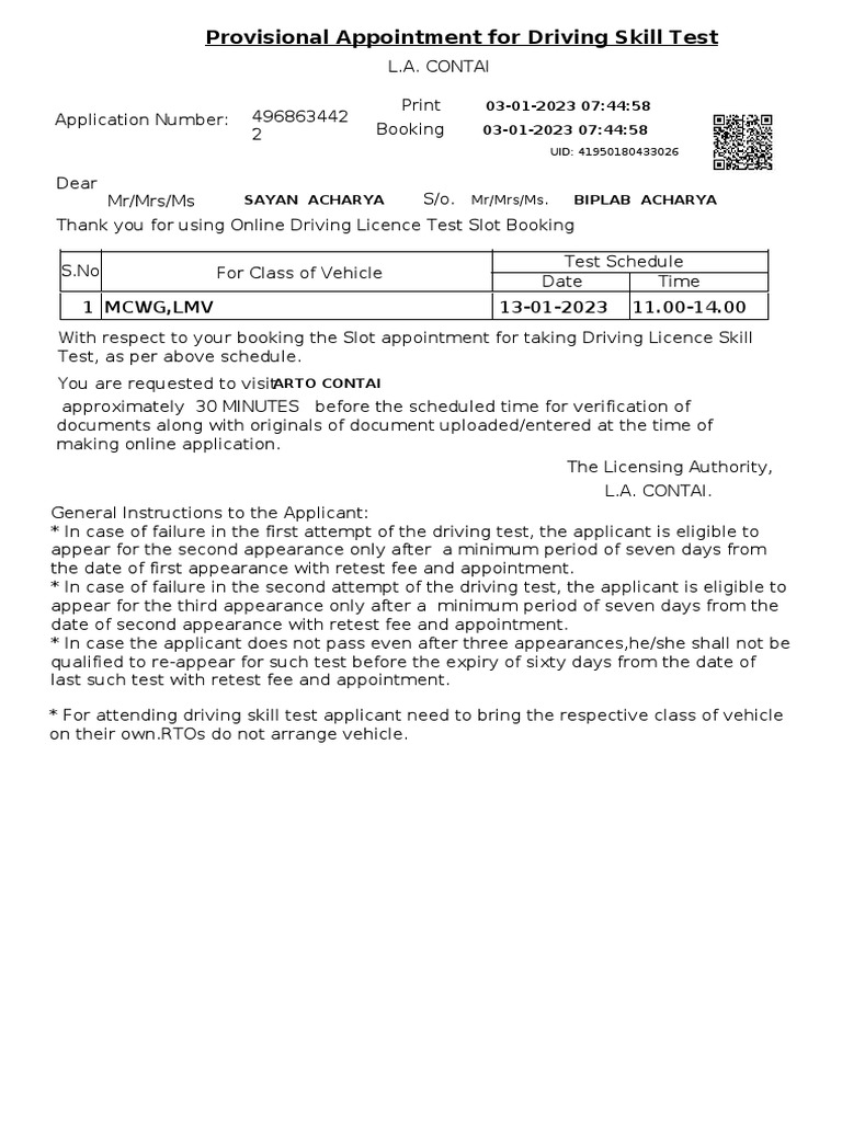 DL Test Slot Appointment Confirmation | PDF | Technology & Engineering
