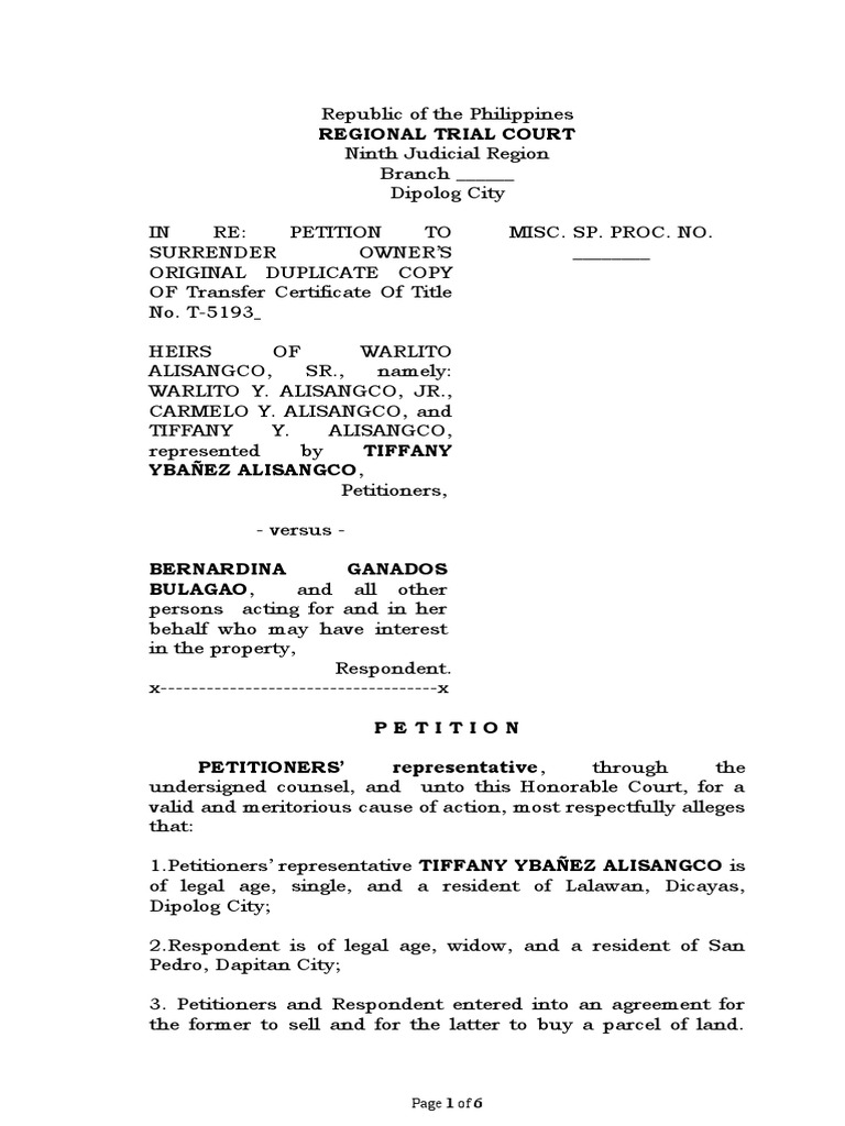 Petition-To-Surrender-Title Alisangco | PDF | Title (Property) | Justice