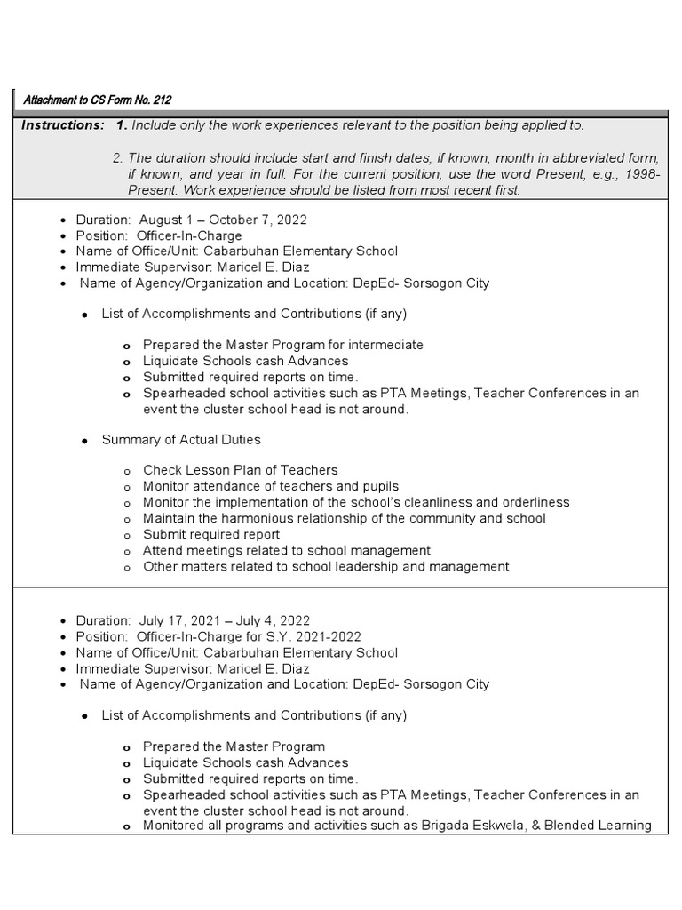 Cs Form No. 212 Attachment - Work Experience Sheet | PDF