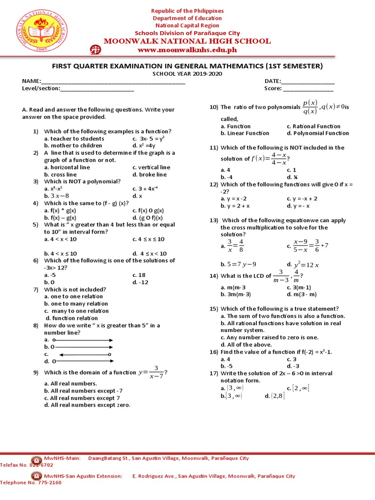 Genmath First Quarter Exam | PDF | Function (Mathematics) | Mathematical Relations