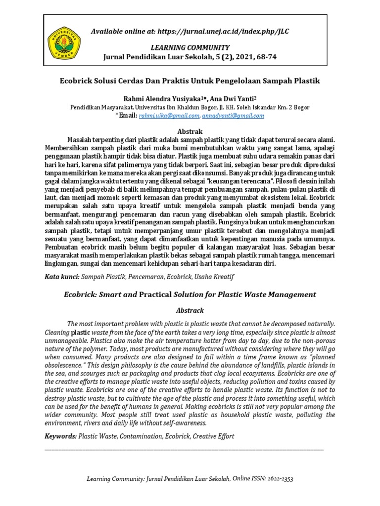 Ecobrick Solusi Cerdas Dan Praktis Untuk Pengelolaan Sampah Plastik | PDF