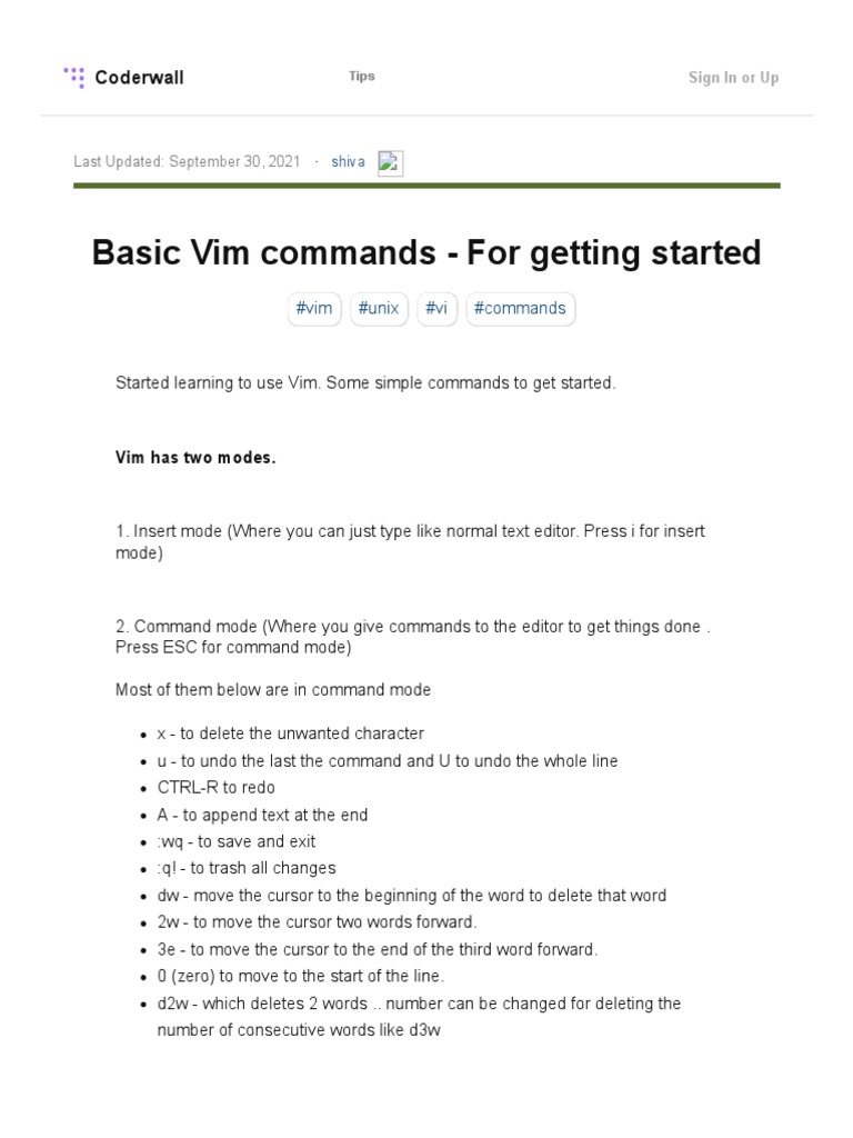 Basic Vim Commands For Getting Started Example Pdf Computer