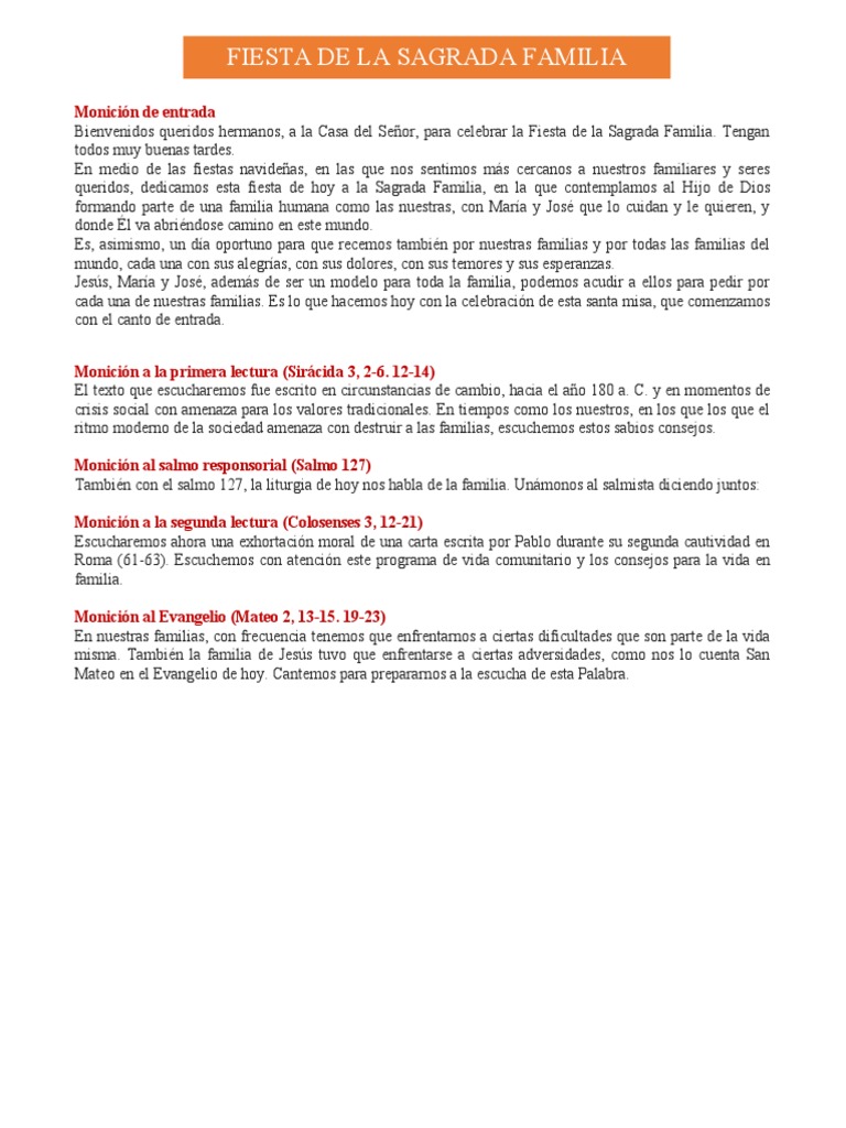 FIESTA DE LA SAGRADA FAMILIA MONICIONES | PDF | Misa (liturgia)