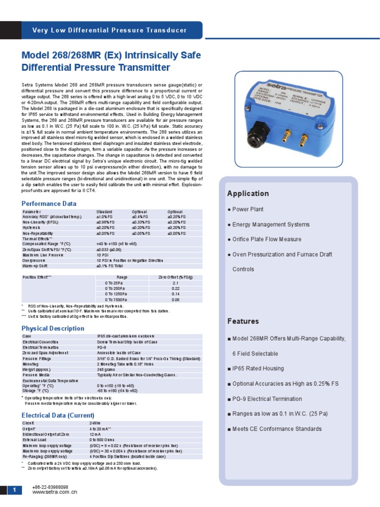 Setra 268 Ex Intrinsically Safe Differential Pressure Transmitter | PDF ...