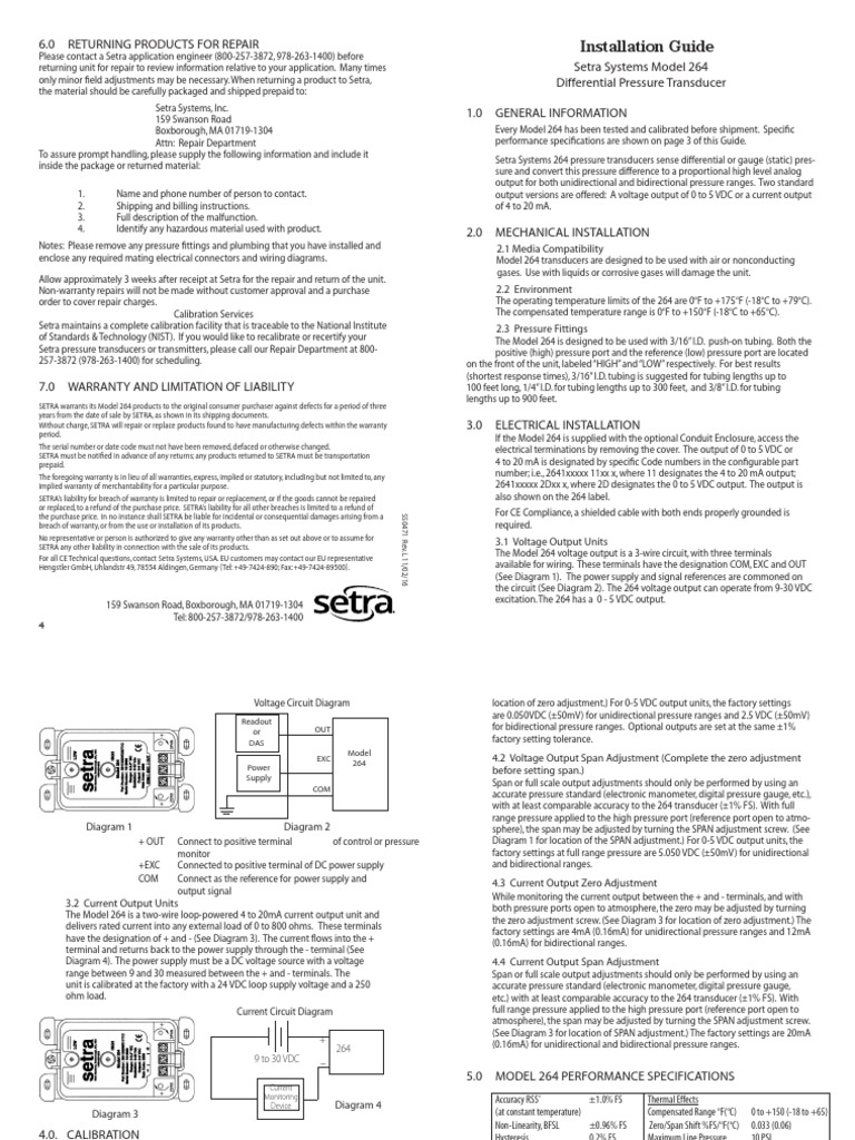 Setra Model 264 Operating Instructions | PDF | Calibration | Pressure Measurement