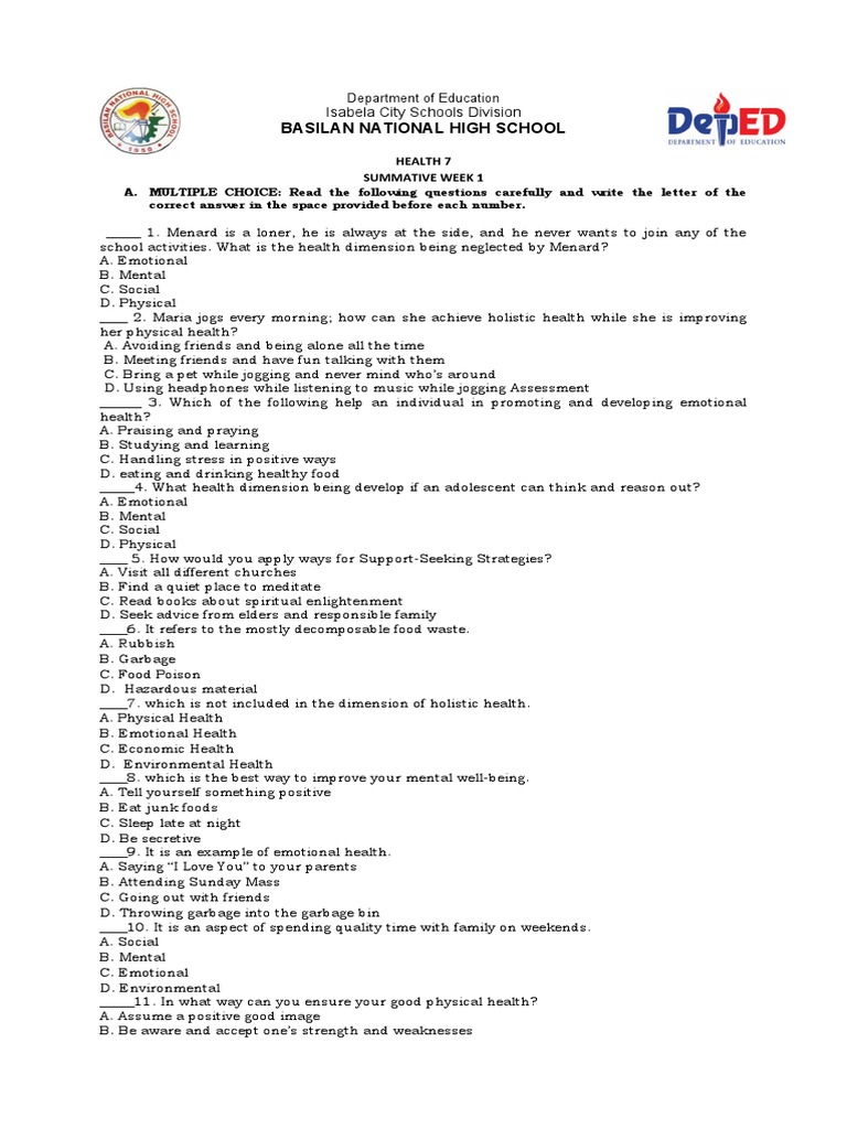 Health 7 Summative W1 2 | PDF | Mental Health | Psychology