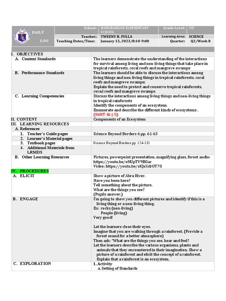 Lesson Plan in Science 6 Components of Ecosystem | PDF | Ecosystem ...