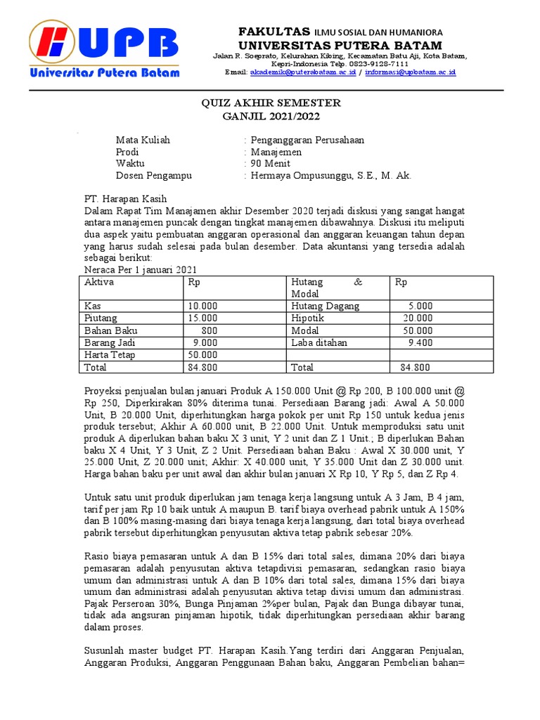 MN013 - Penganggaran Perusahaan UAS | PDF | Bisnis