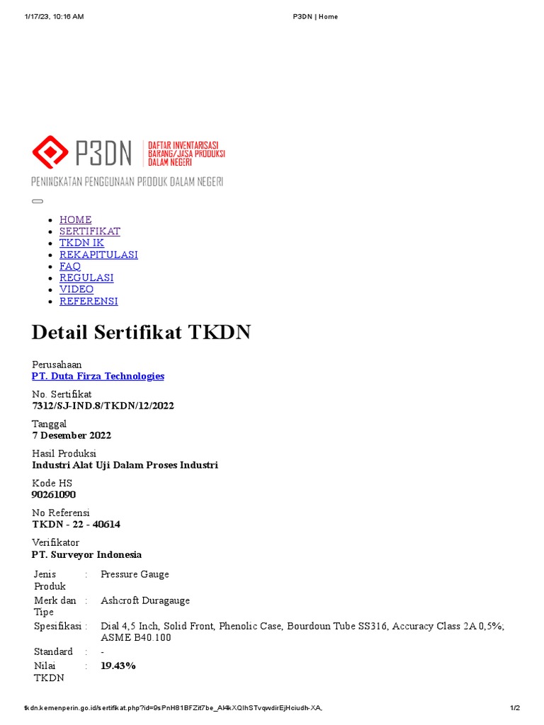 Sertifikat TKDN PT Duta Firza 2022 | PDF