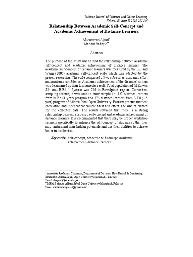 Relationship Between Academic Self-Concept and Achievement in Distance Learners | PDF | Self ...