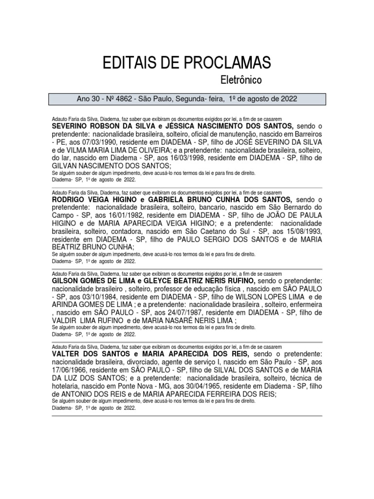 Edital de Proclamas 01082022 | PDF | Brasileiros | Nacionalidade