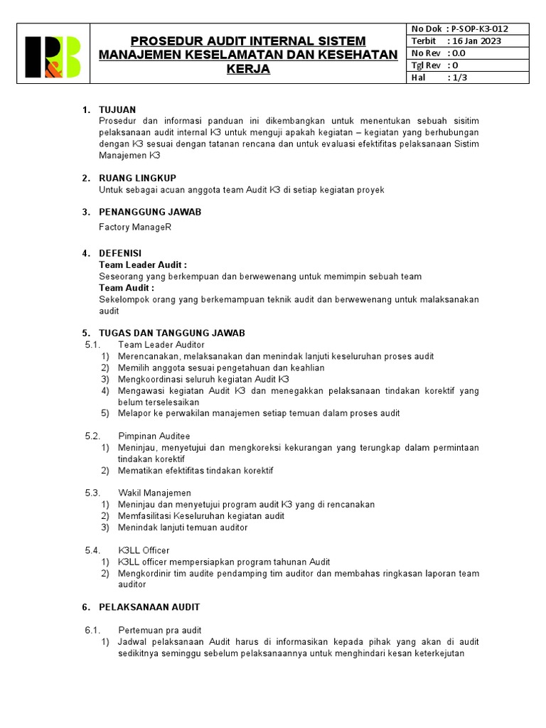 Prosedur Audit Internal K3 | PDF