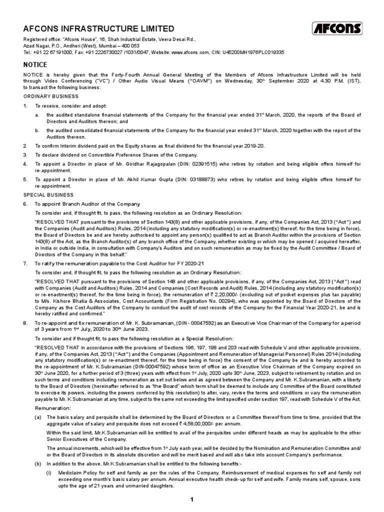 Afcons Notice 2020 | Download Free PDF | Salary | Board Of Directors