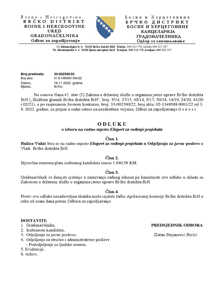 ODLUKA o Izboru Ružica Vukić Na Radno Mjesto Ekspert Za Vođenje ...