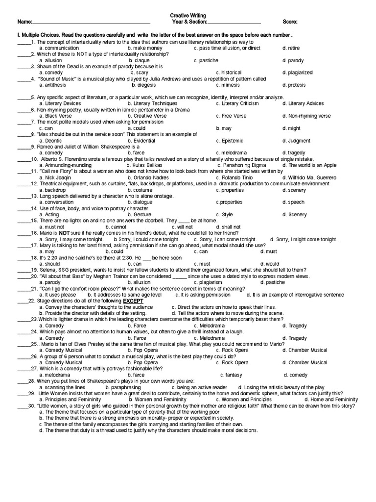 Creative Writing: Intertextuality Quiz | PDF | Poetry | Play (Theatre)