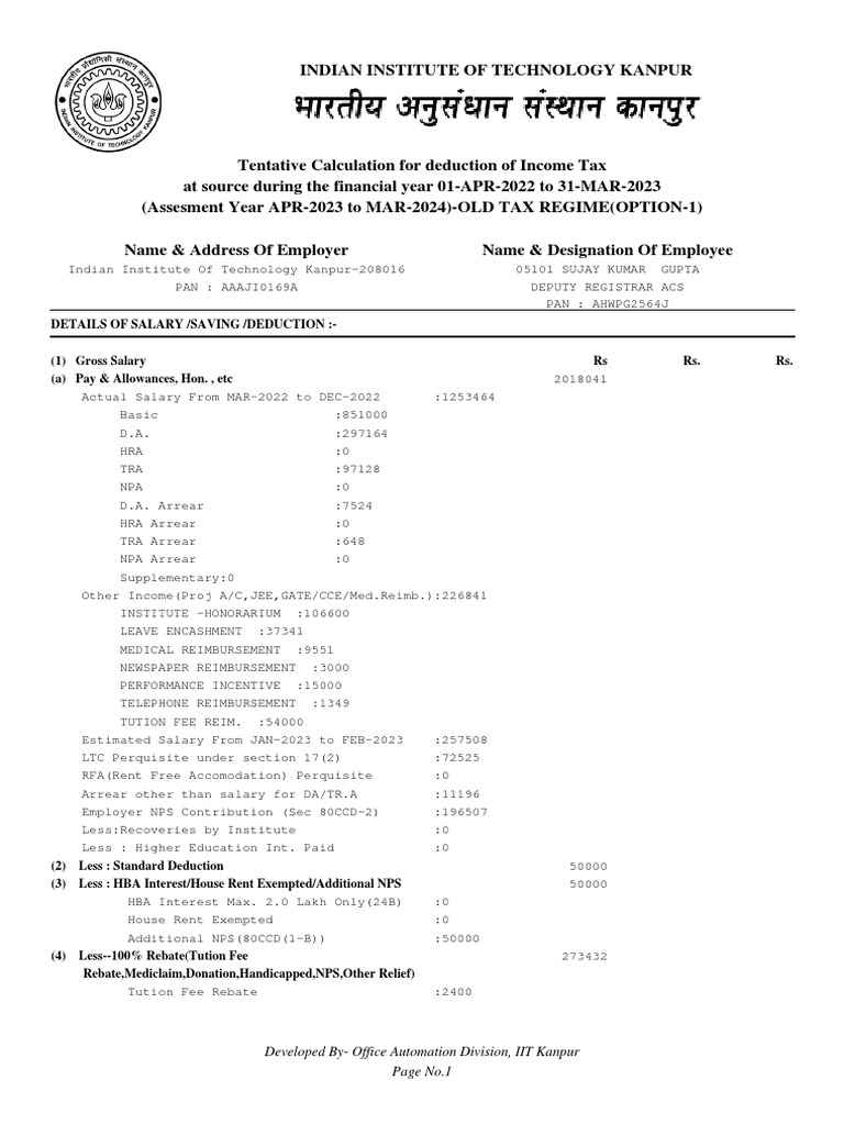 Developed By-Office Automation Division, IIT Kanpur Page No.1 | PDF | Employee Benefits | Taxes
