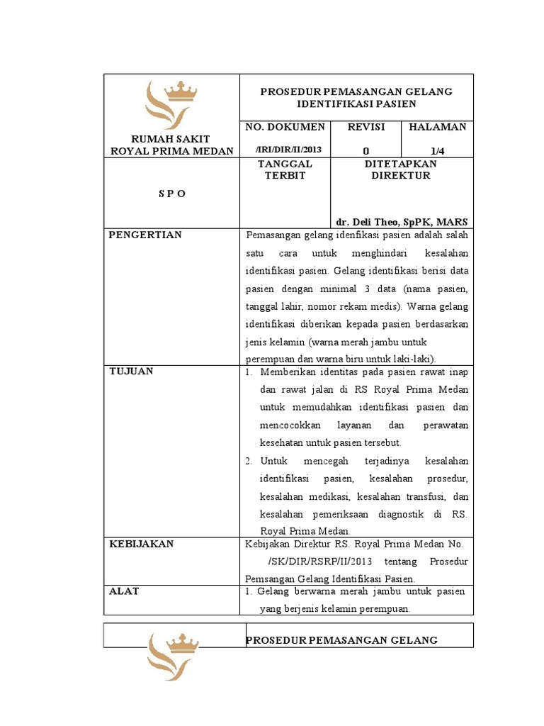 PDF Spo Pemasangan Gelang Identifikasi Pasien - Compress | PDF | Sains & Matematika