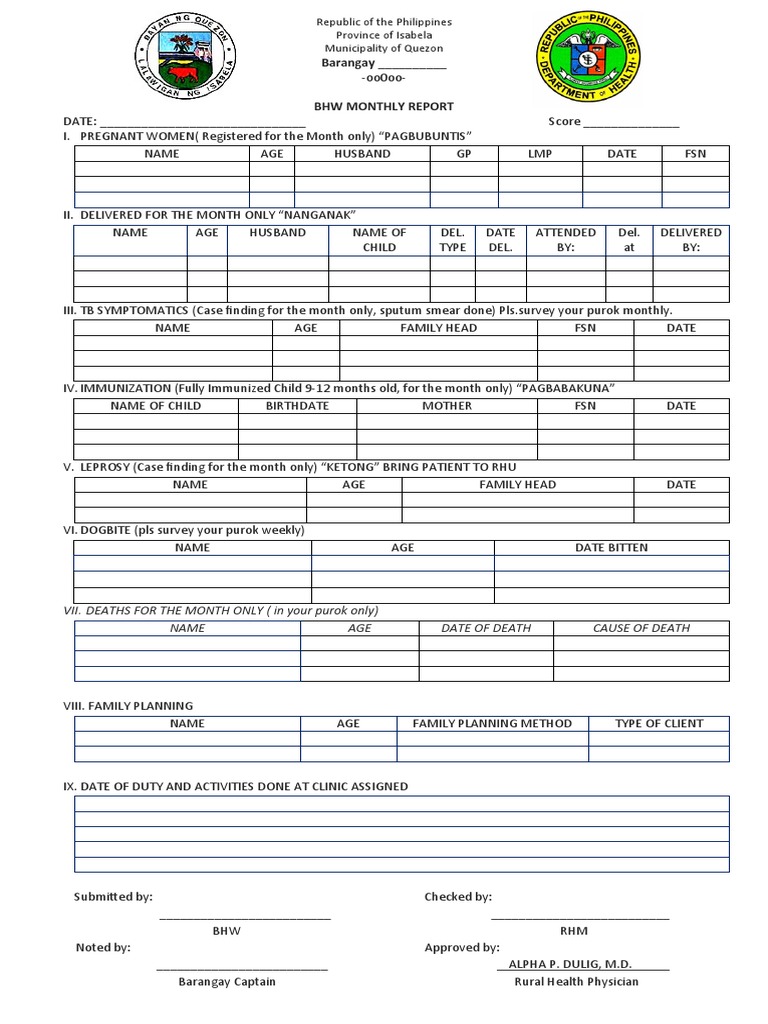 bhw-monthly-report-form | PDF | Medical Specialties | Clinical Medicine