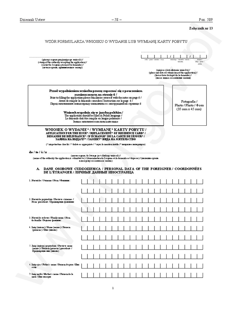 Wniosek o Wydanie Lub Wymiane Karty Pobytu | PDF