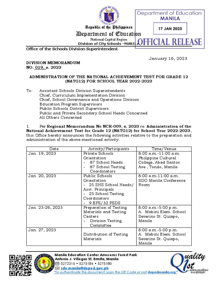 DM 019 2023 Administration of The National Achievement Test For Grade ...