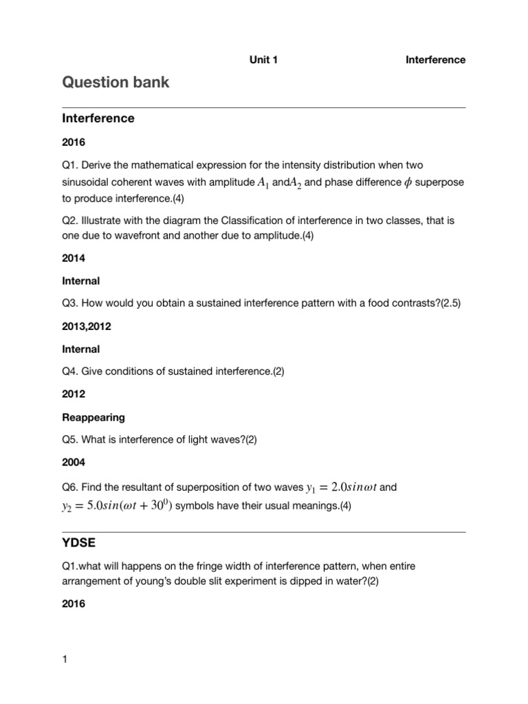 Interference Question Bank | PDF | Coherence (Physics) | Light