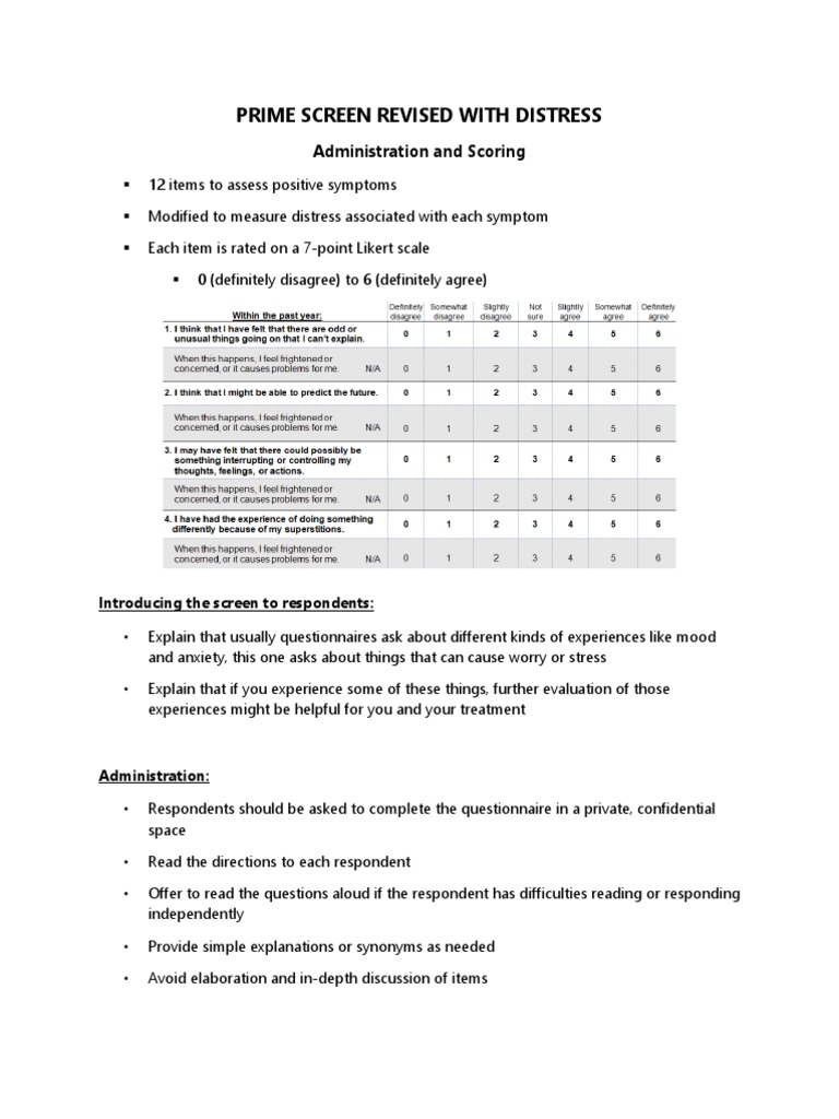 PRIME SCREEN REVISED WITH DISTRESS - Scoring and Administration | PDF ...