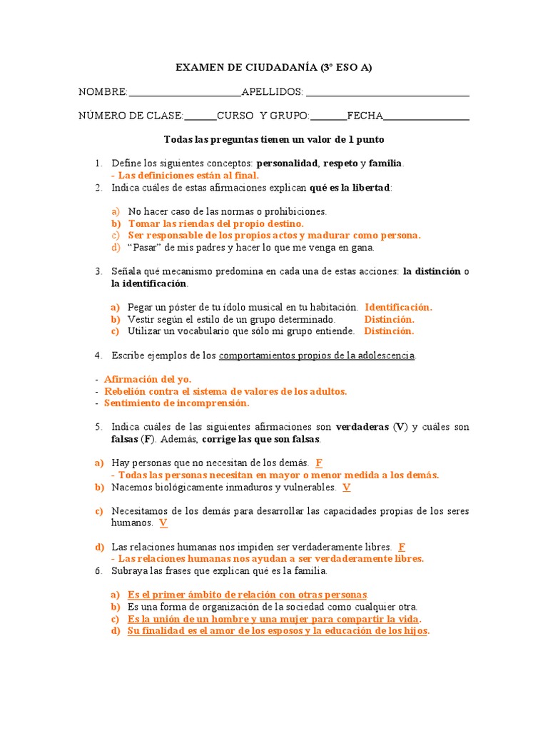 Examen de Ciudadanía Corregido (Tema 1) | PDF | Amor