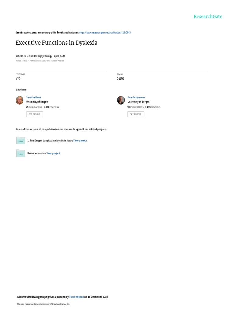 Executive Functions In Dyslexia Pdf Dyslexia Wechsler Adult