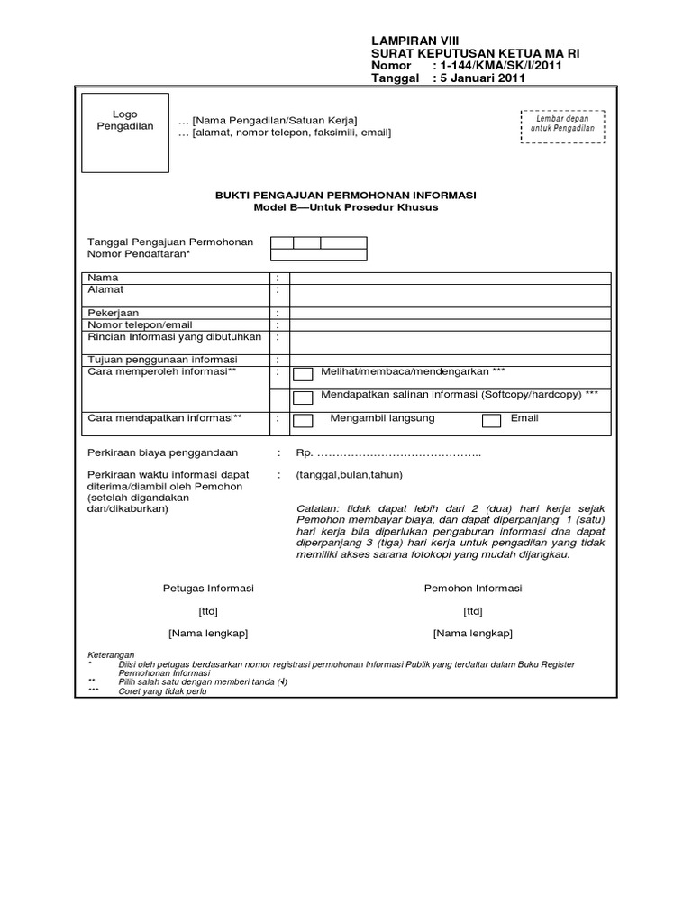 Lampiran VIII Formulir Permohonan Informasi Model B | PDF
