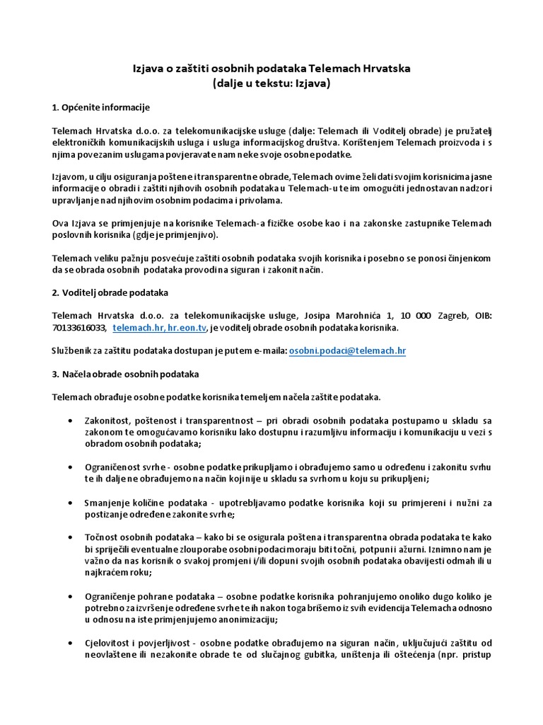 Izjava o Zastiti Osobnih Podataka Telemach Hrvatska | PDF