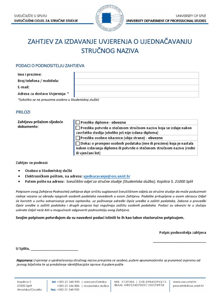 Zahtjev Za Izdavanje Uvjerenja o Ujednacavanju Strucnog Naziva | PDF