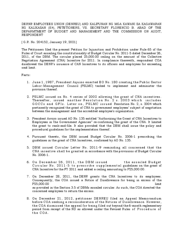 DENR Employees Union vs. Abad: CNA Bonus Case | PDF | Justice | Crime ...