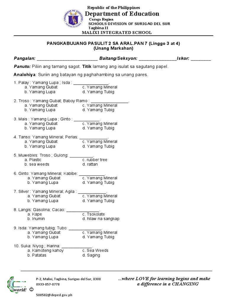 Q1 - ARAL - PAN 7 - Summative Test 2 (W3&4) - 2021-2022 | PDF